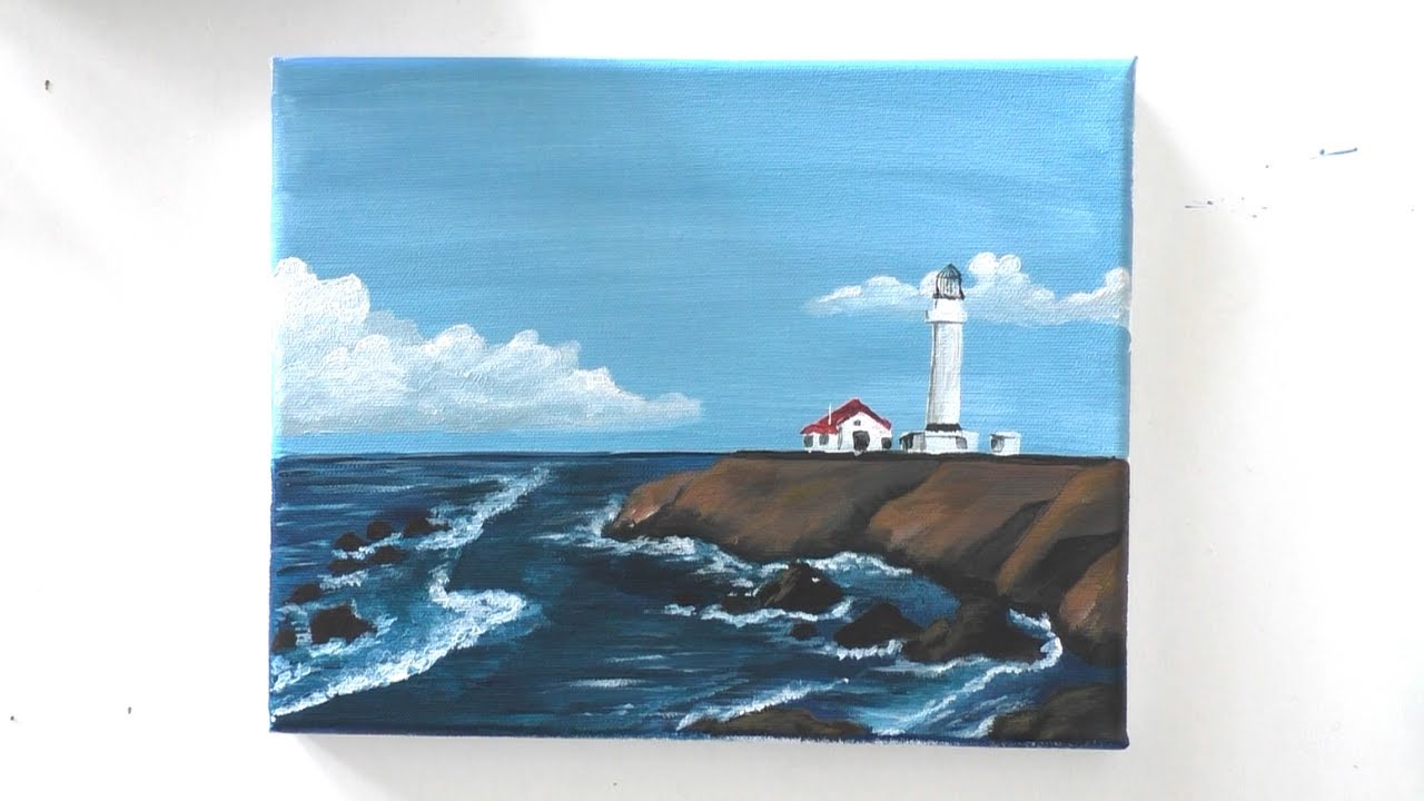 How to Paint Lighthouse || seascape acrylic painting tutorial ...