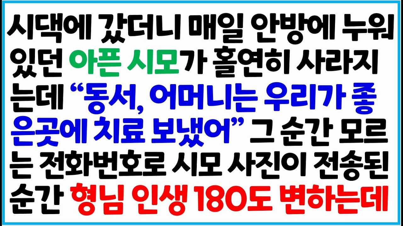 반전사이다사연 시댁에 갔더니 매일 안방에 누워있던 아픈 시모가 홀연히 사라지는데 동서 어머니는 우리가 좋은 곳에 치료
