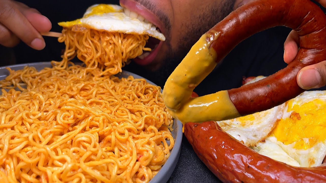 ASMR ⚠️EXTREMELY MESSY EATING SPICY INDOMIE NOODLES KIELBASA SAUCE EGGS ...