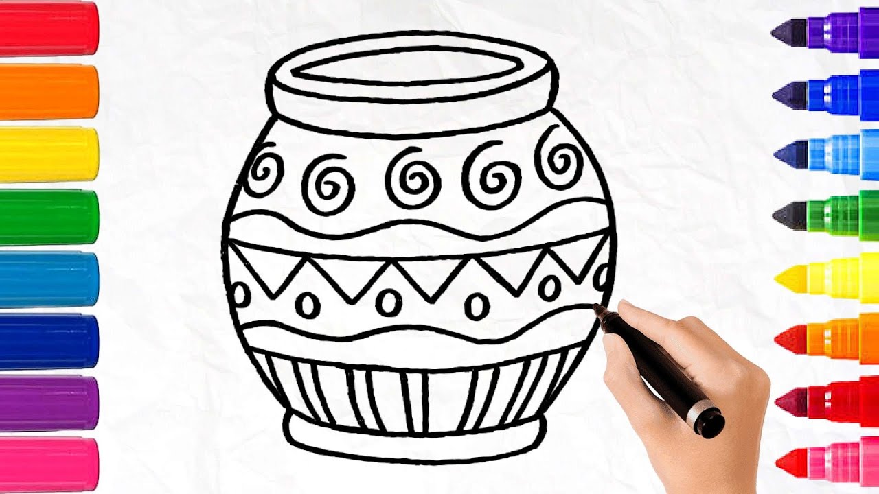 Pot Drawing, Painting and Coloring for kids and Toddlers | How to Draw ...