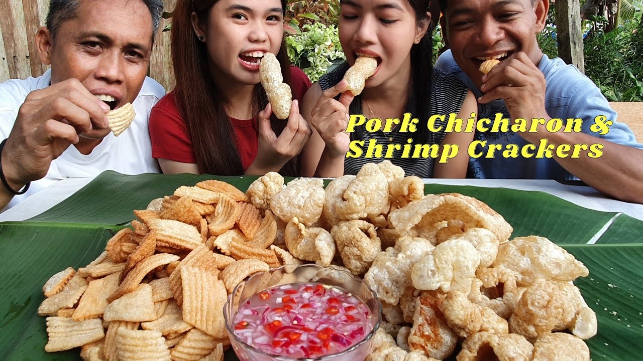 CRISPY PORK CHICHARON and SHRIMP CRACKERS with spicy vinegar | Mukbang ...