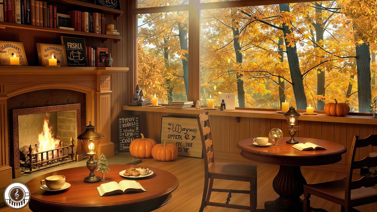 Autumn Cozy Coffee Shop Ambience 4K 🍁Piano Jazz Music for Relaxing ...