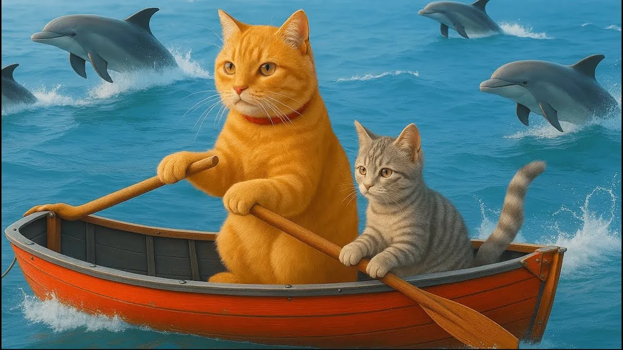 Fat cat MiMi and her son built a wooden boat and set sail. - YouTube