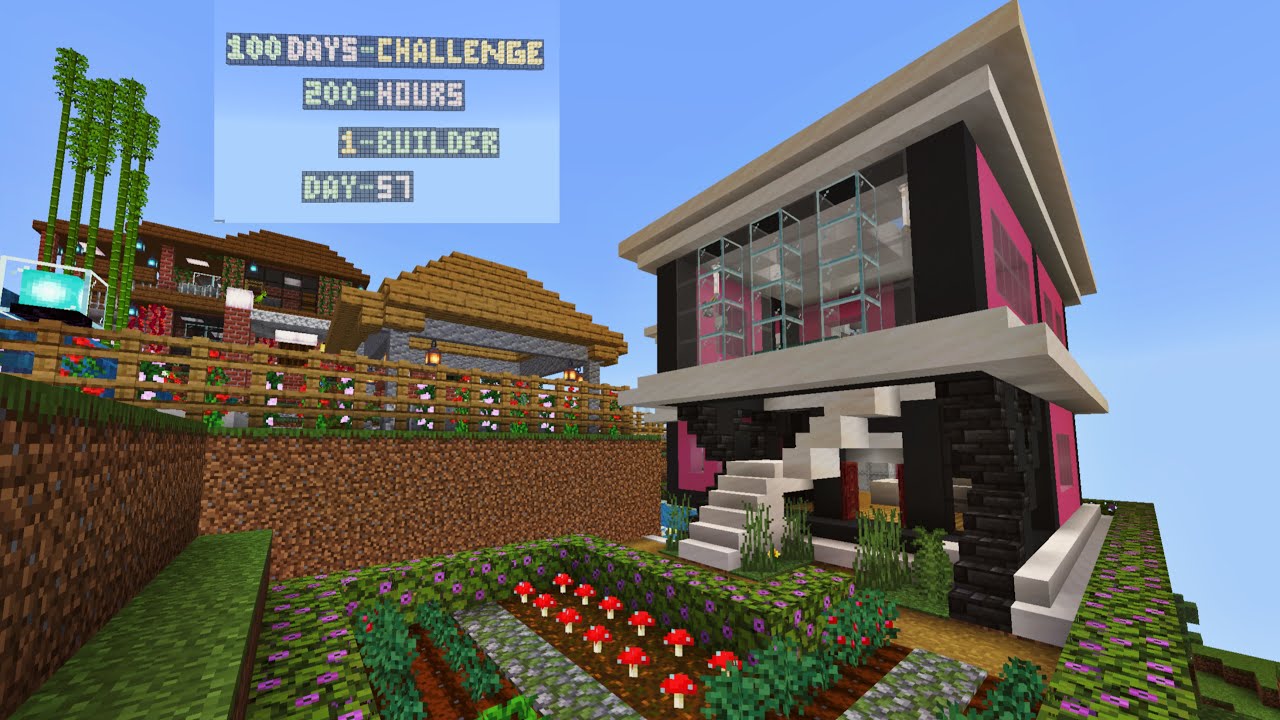 Building a pink modern house for the village…. Minecraft 100 days build ...
