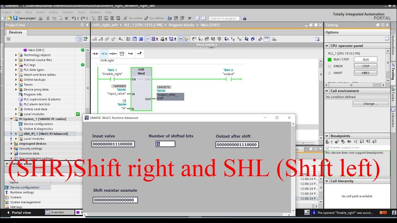 TIA Portal shift right and left register with an example - YouTube