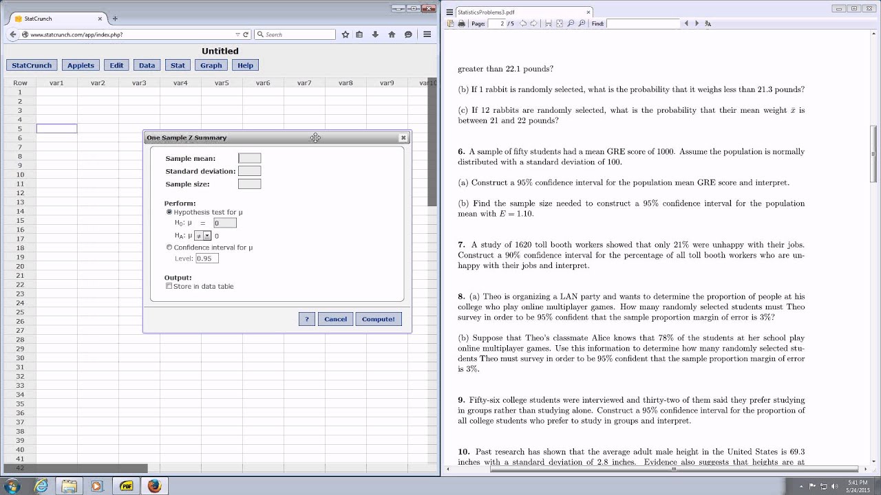 Confidence Interval for the Mean using StatCrunch and Z-Stats - YouTube