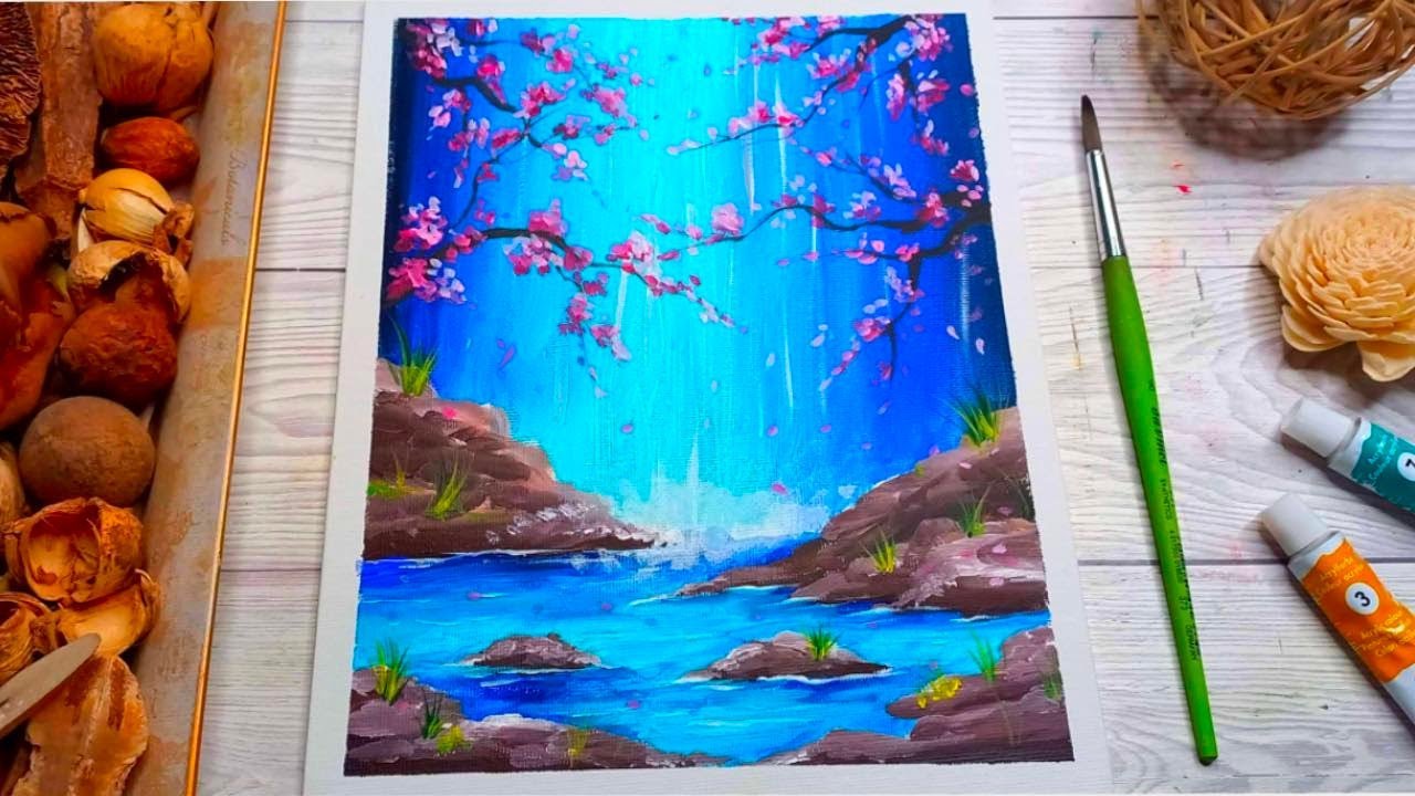 Pictura Usoara pentru Incepatori 🌊Cum Pictez o Cascada si Copaci ...