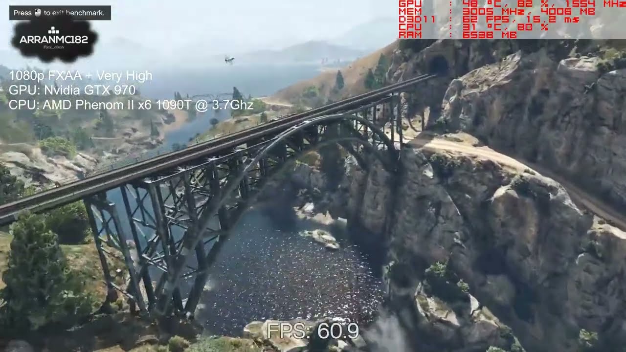 Benchmark: GTA V Very High, GTX 970 + Phenom II x6 1090T - YouTube