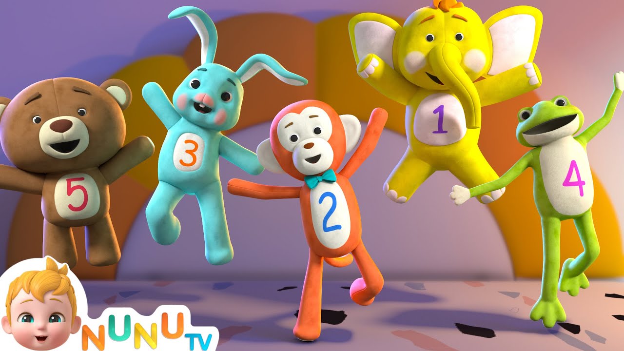 Five Little Animals Jumping on the Bed | Learn Numbers | Nursery Rhymes ...