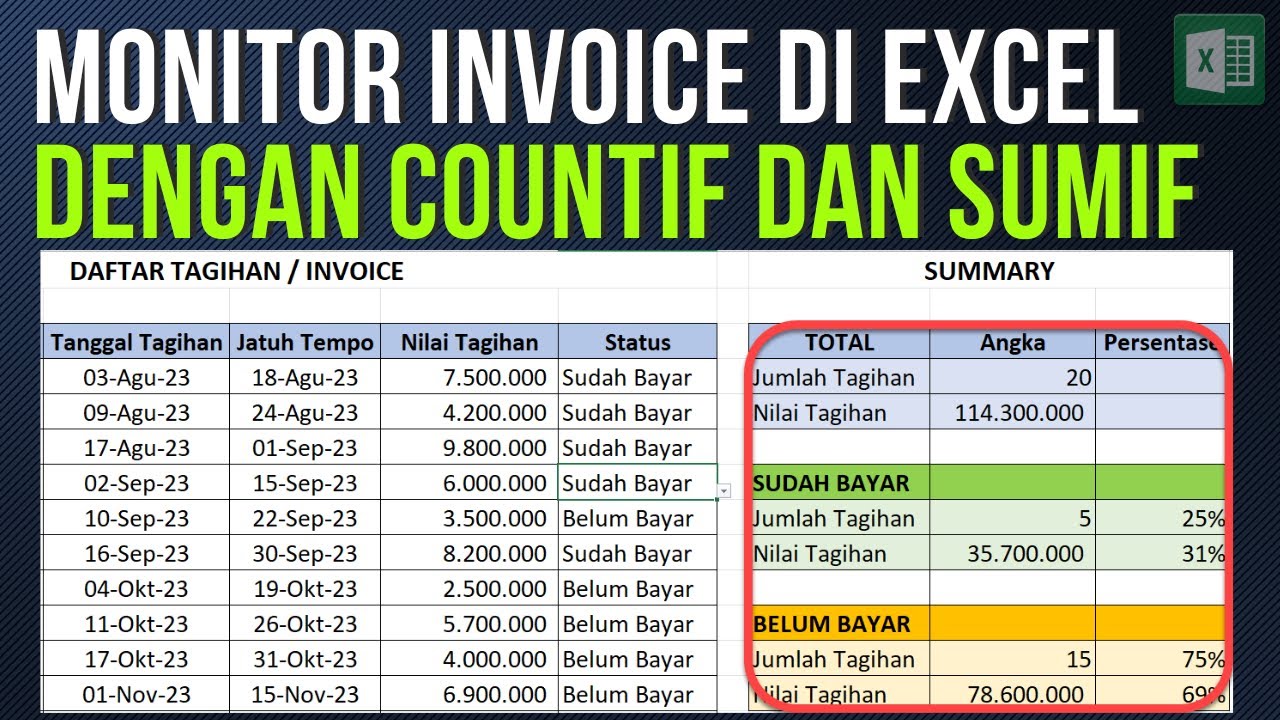 Monitor Tagihan / Invoice dengan Rumus Count CountIf dan Sum SumIf di ...