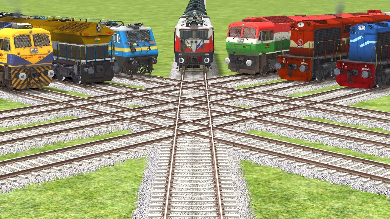 7 TRAINS CROSSING ON DIAMOND RAILROAD CROSSING | bumpy branched diamond ...
