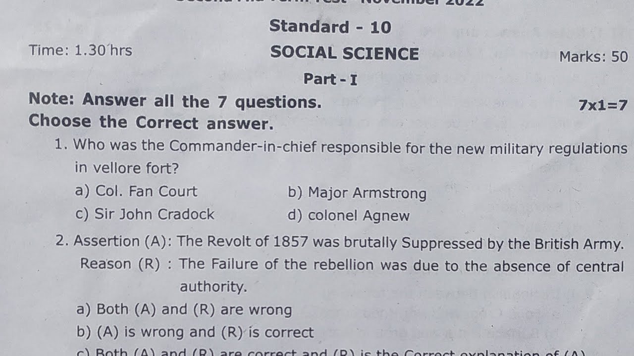 10th std Social second mid term test question paper November 2022 - YouTube