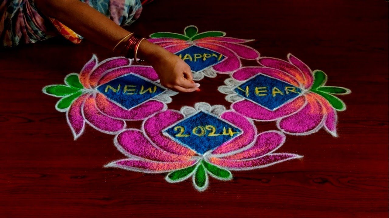 simple 2024 new year muggulu with colours | beautiful flower rangoli ...