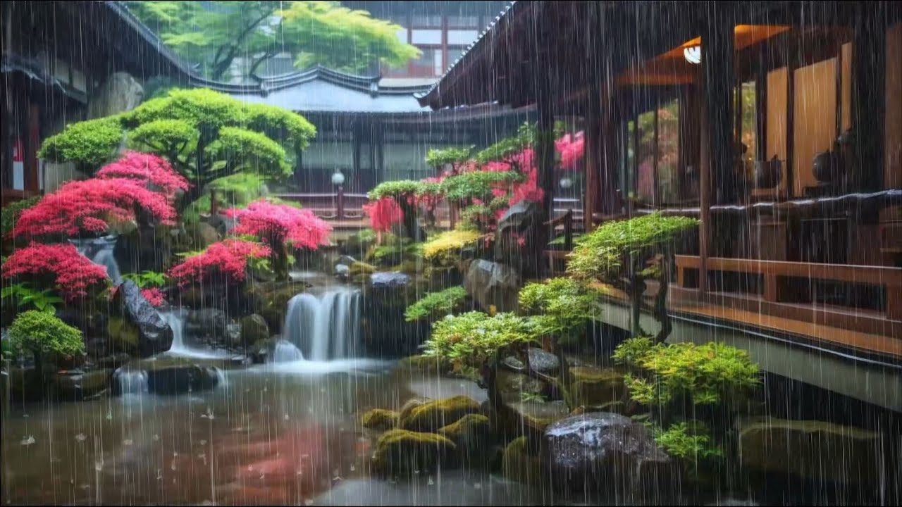 Enjoy The Rain Atmosphere of Beautiful Japanese Zen Garden 🌺 Rain ...