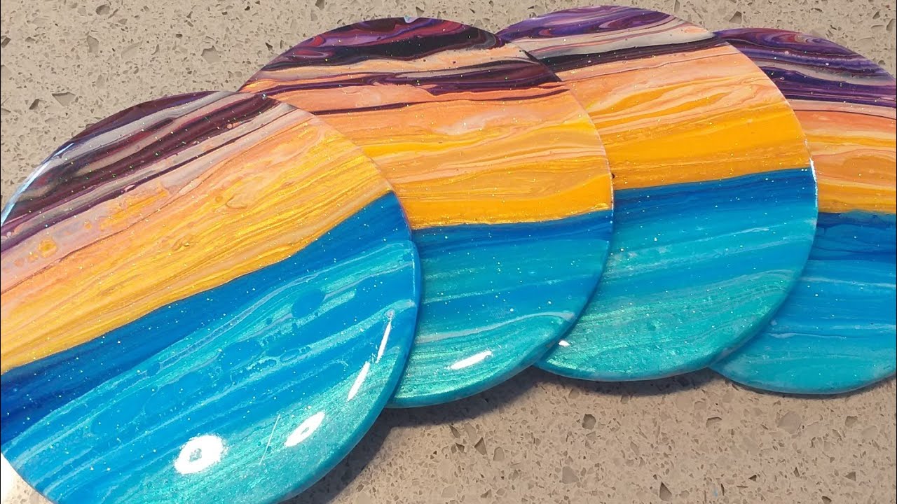 Super Sparkly Sunset Coasters ~ acrylic ribbon pour & resin ~ abstract ...
