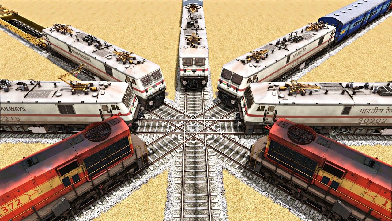 7 LINE BRANCHED DIAMOND RAILROAD CROSSING | Trains Bumpy Railroad ...
