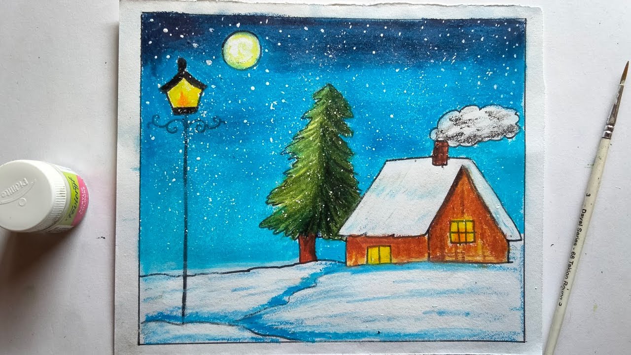 How to draw Winter season drawing step by step//easy snow fall scenery ...