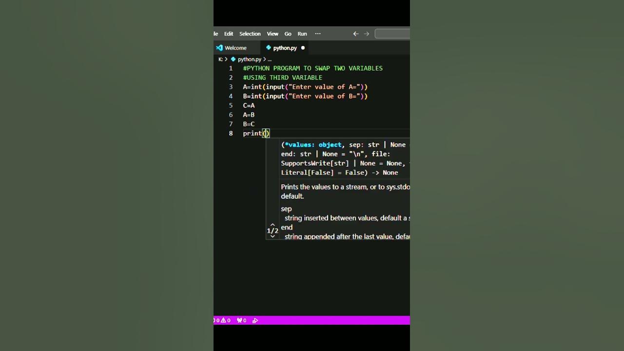 Python Program To Swap Two Variables Using Third Variable Python Coding Shorts Shortsfeed