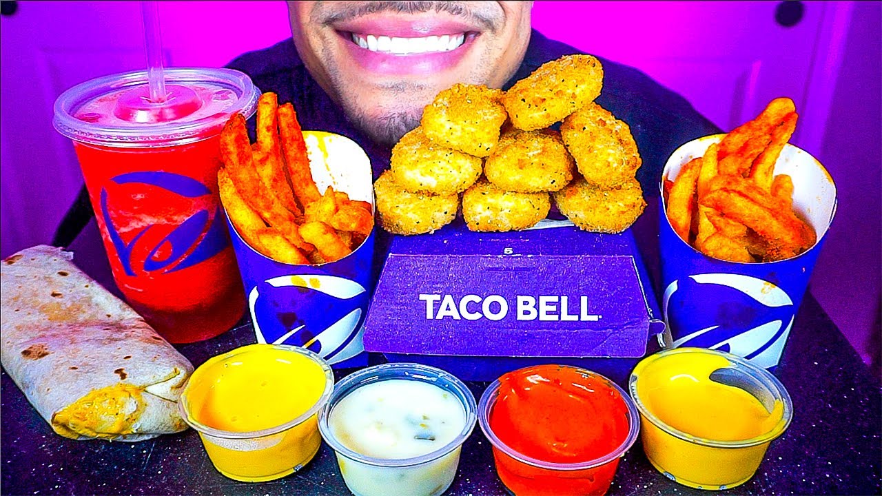 ASMR TACO BELL CHICKEN NUGGETS SAUCES NACHO CHEESE FRIES EATING MOUTH ...