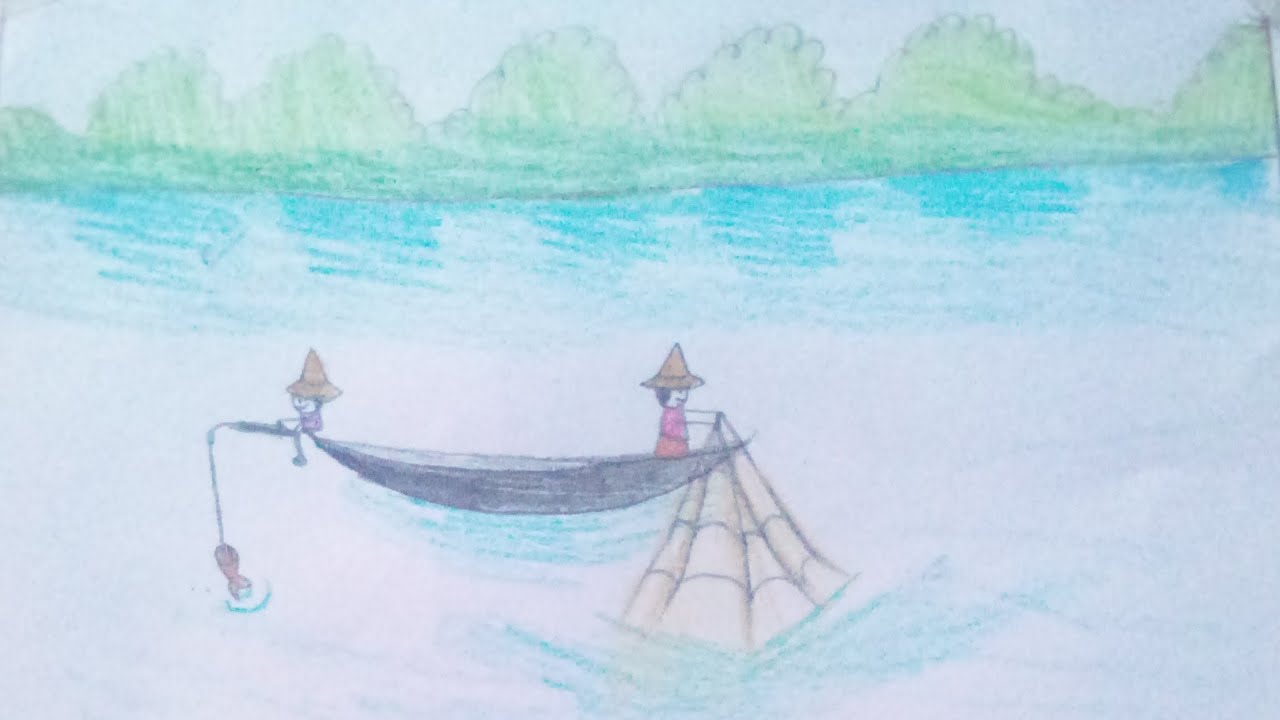 How to draw scenery of fishing step by step - YouTube