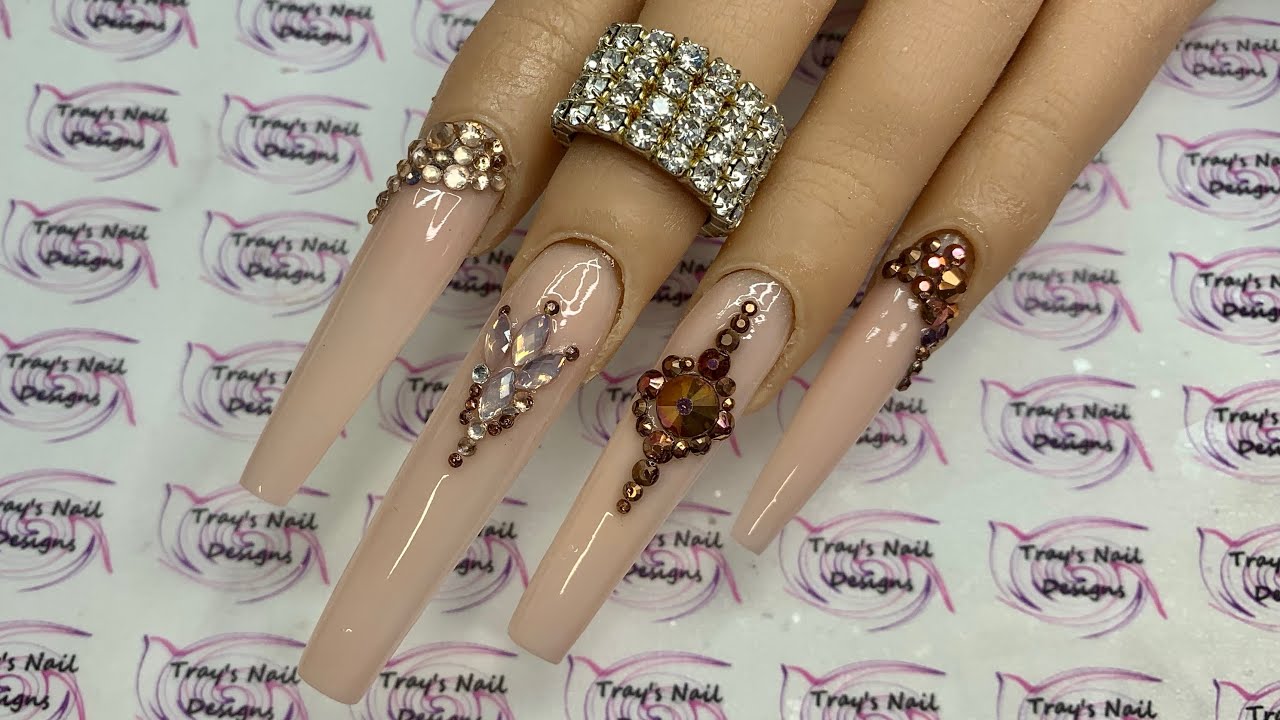 Extra Long Nude Nails With Easy Crystal / Gem Placement. Rhinestone ...