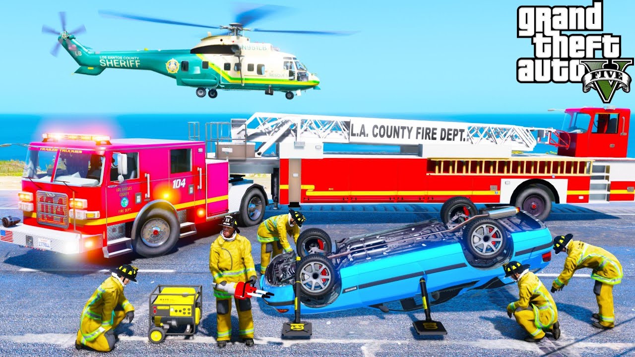 GTA 5 Firefighter Mod LA Tiller Ladder Extricating Pinned Victim From A ...