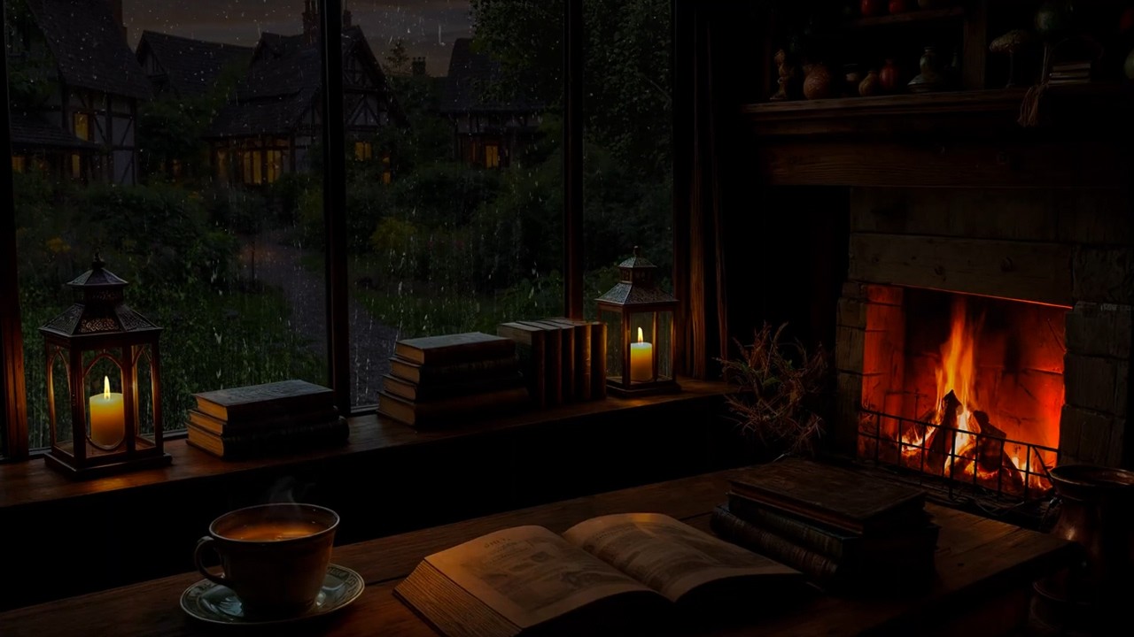 Tranquil Rain Outside Window (No Ads)🌧️🔥Fireplace Sounds & Tea for ...