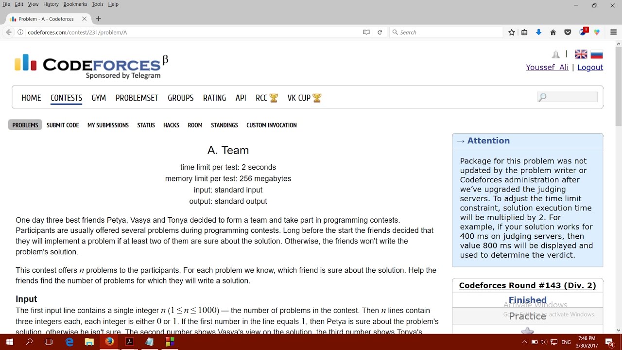 Codeforces 231a Div2 Teams Arabic Youtube