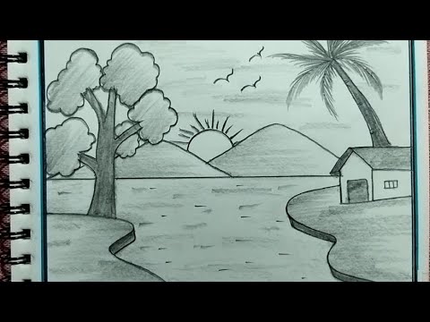 how to Draw 🌴 a landscape scenery /sunset scenery drawing tutorial ...