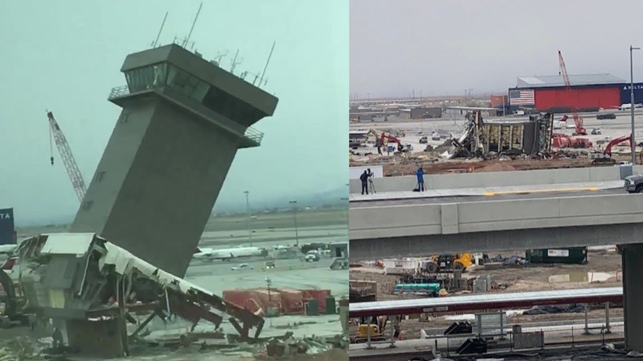 Salt Lake City Int'l Airport sends 'Delta Tower' tumbling - YouTube