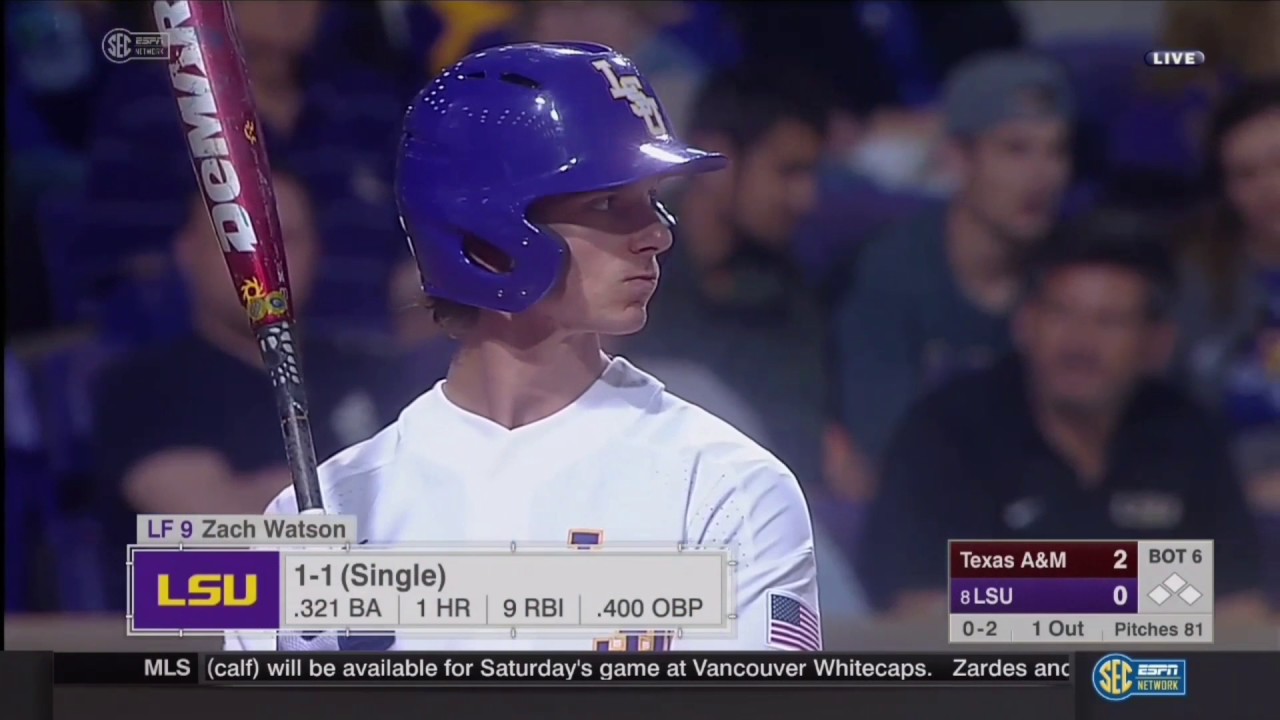 LSU baseball player Zach Watson breaks his bat - YouTube