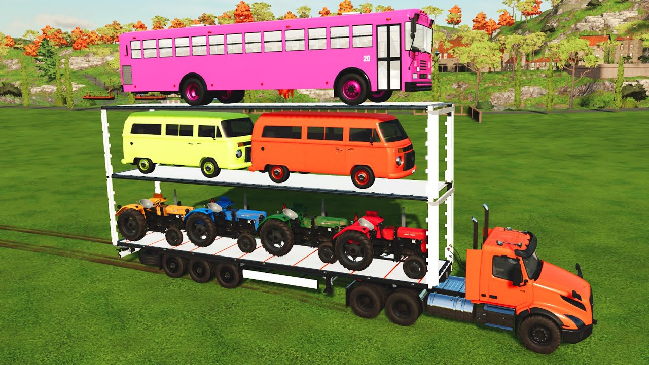 BIG BUS & SMALL BUS TRANSPORTING W/ TRIPLE DECK TRAILER - COLORED ...