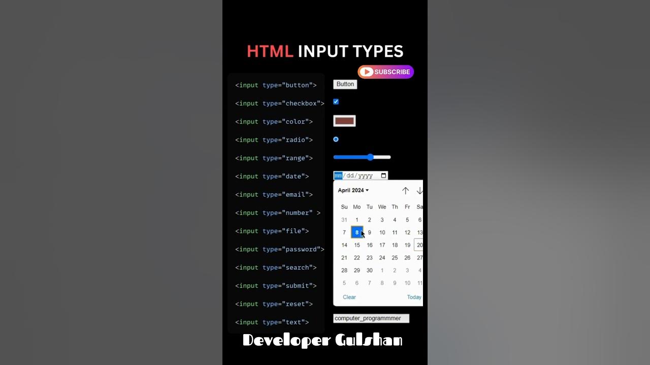 Html input tag #developer #Gulshan #code #coding #learnhtml5andcss3 #htmlcssjavascript #hack # ...