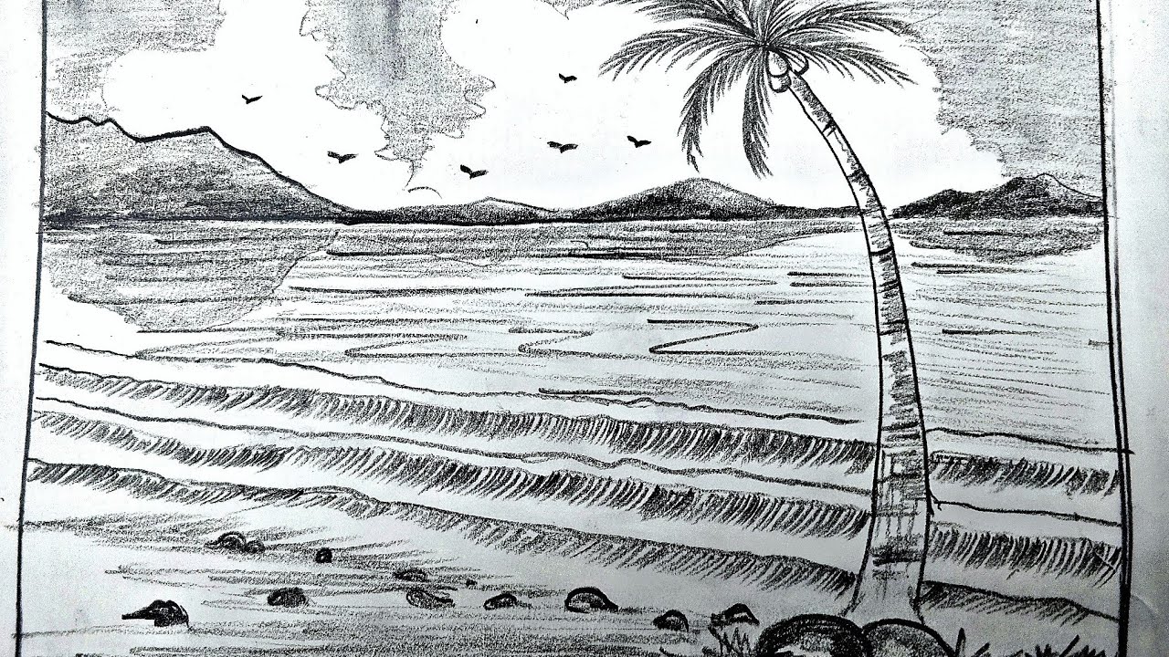 How to Draw River Bank // Coconut Tree With Sea Beach // Beautyfull ...