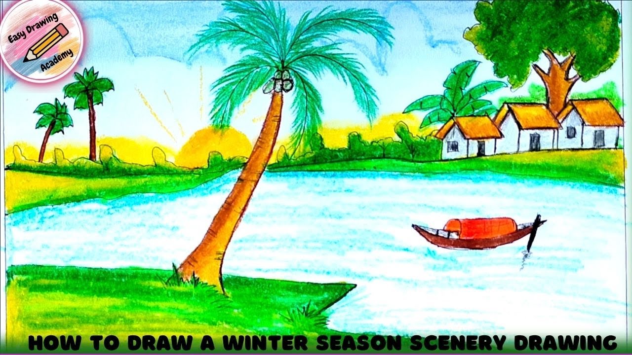 How to draw a winter season scenery drawing - YouTube