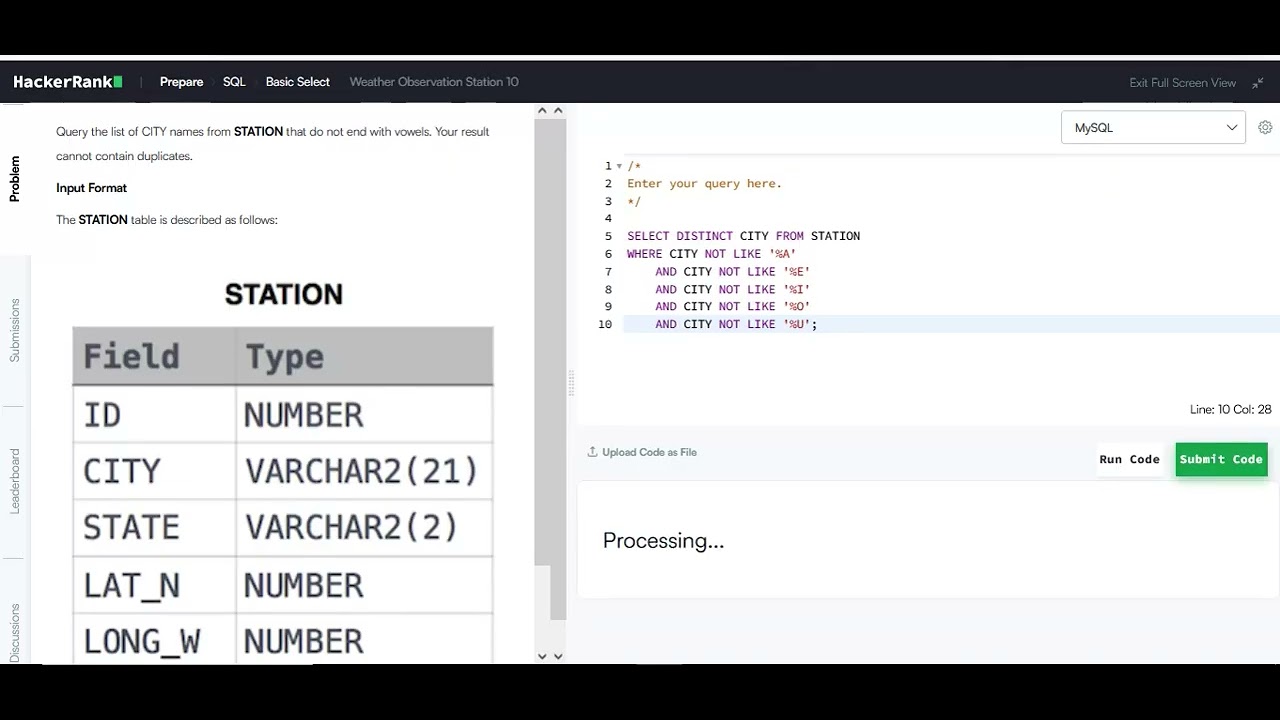 SQL #13 Weather Observation Station 10 - YouTube