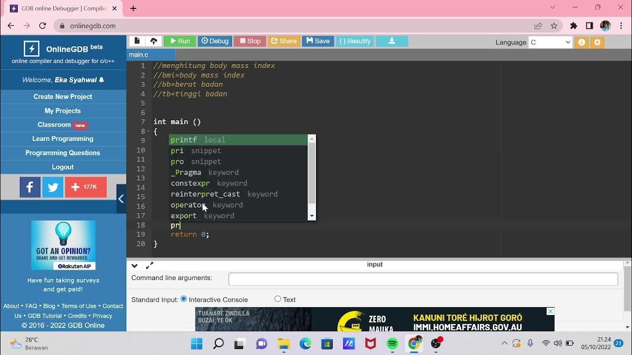 menghitung body mass index || Algoritma & Pemrograman || Bahasa C - YouTube