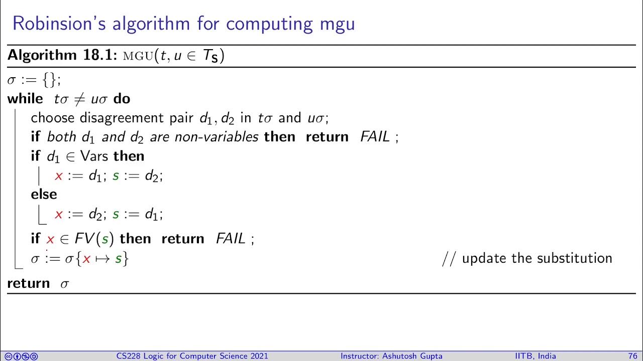 Lecture 18-3 Robinson algorithm for most general unifier - YouTube