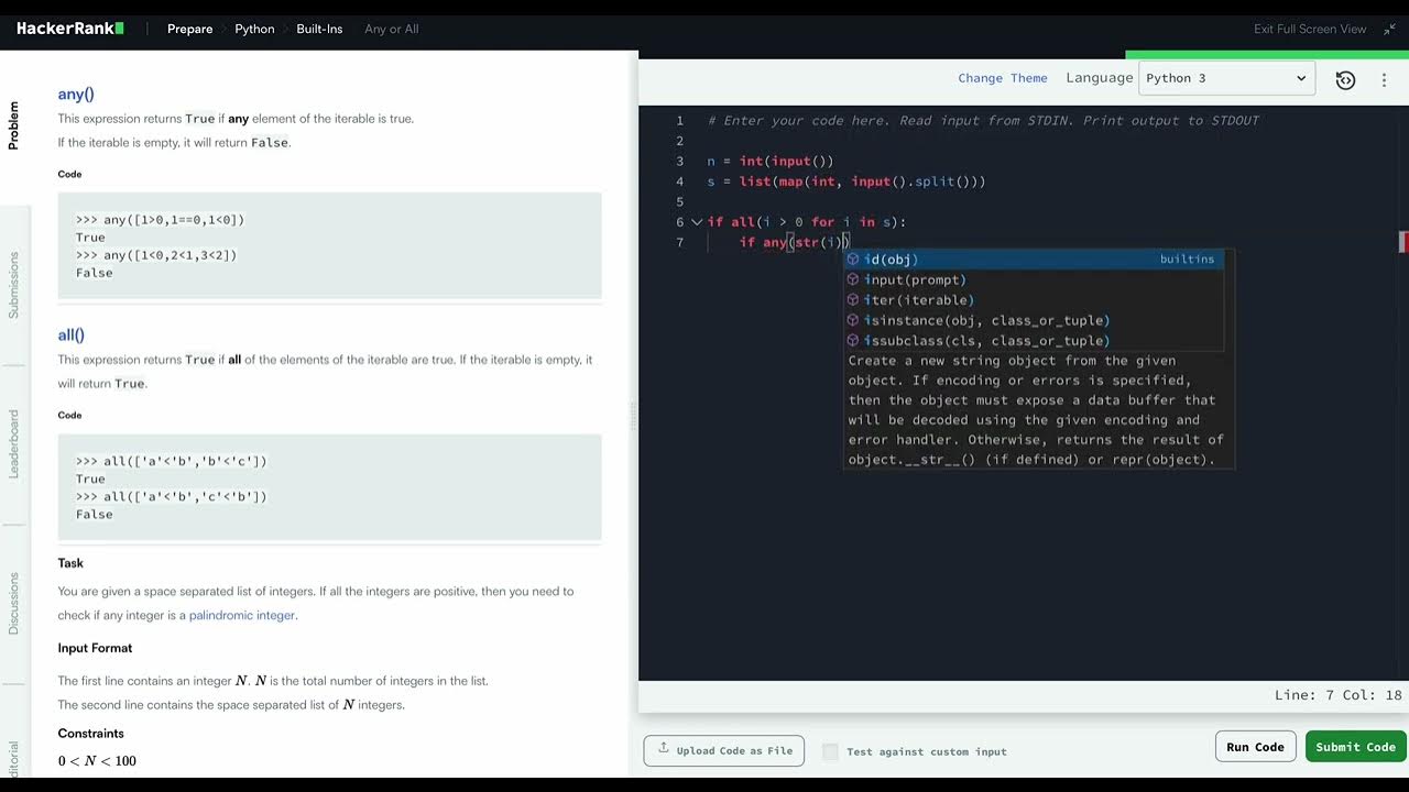 Hackerrank Python Solution 4 Built Ins Python Any Or All Youtube