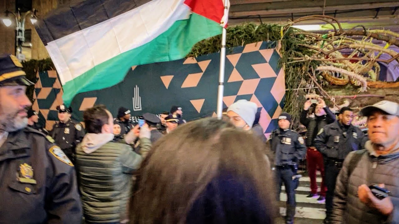 Rockefeller Christmas Tree Passes by Palestine Protest at Grand Central ...