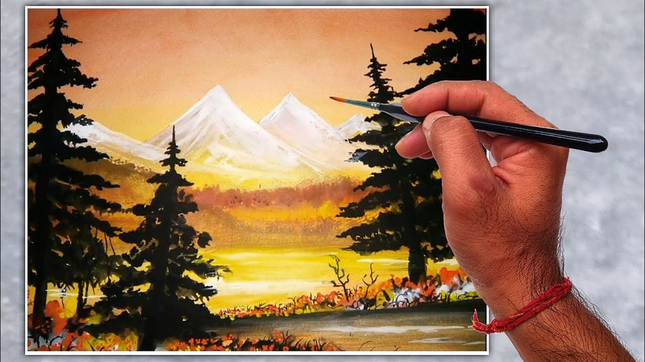 Poster colour painting nature easy / Golden mountain Lake scenery ...
