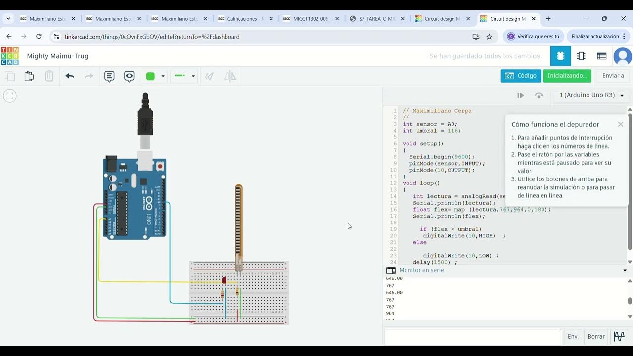 Circuito de sensor flex en Tinkercad con arduino, Tarea semana 7 Microcontroladores. - YouTube