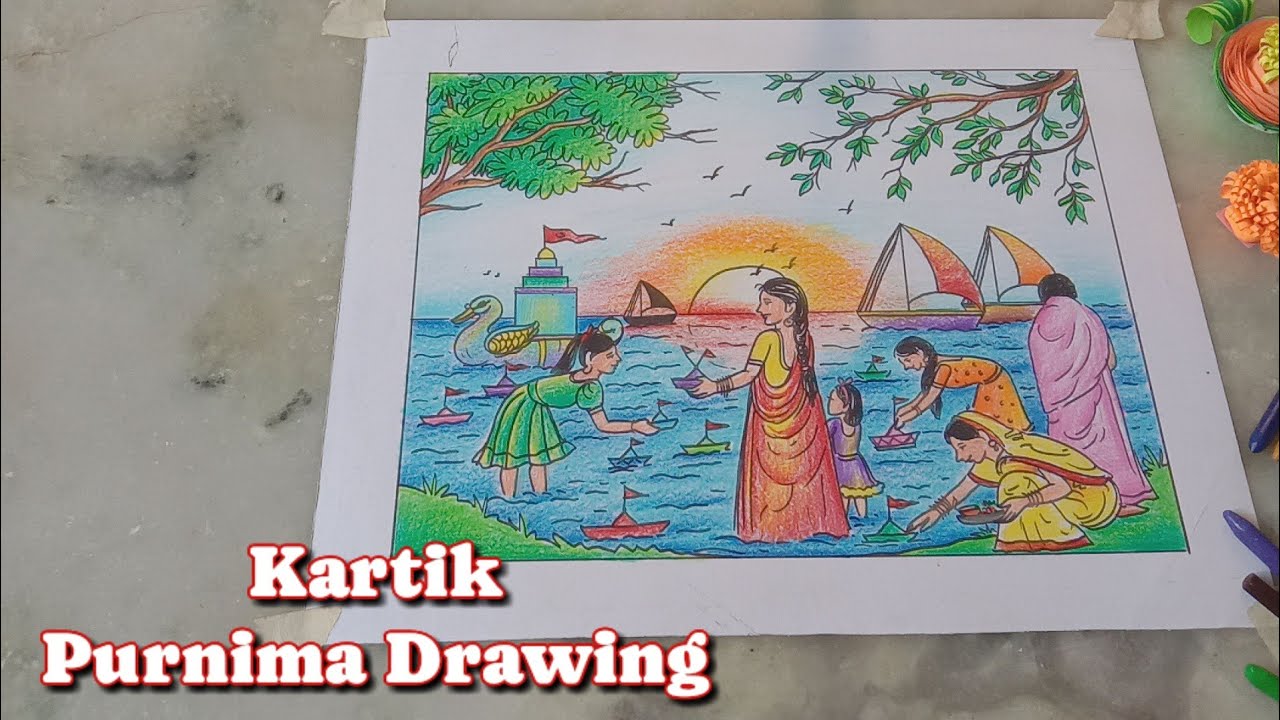 Kartik Purnima Drawing || Easy Kartik Purnima Drawing step by step full ...