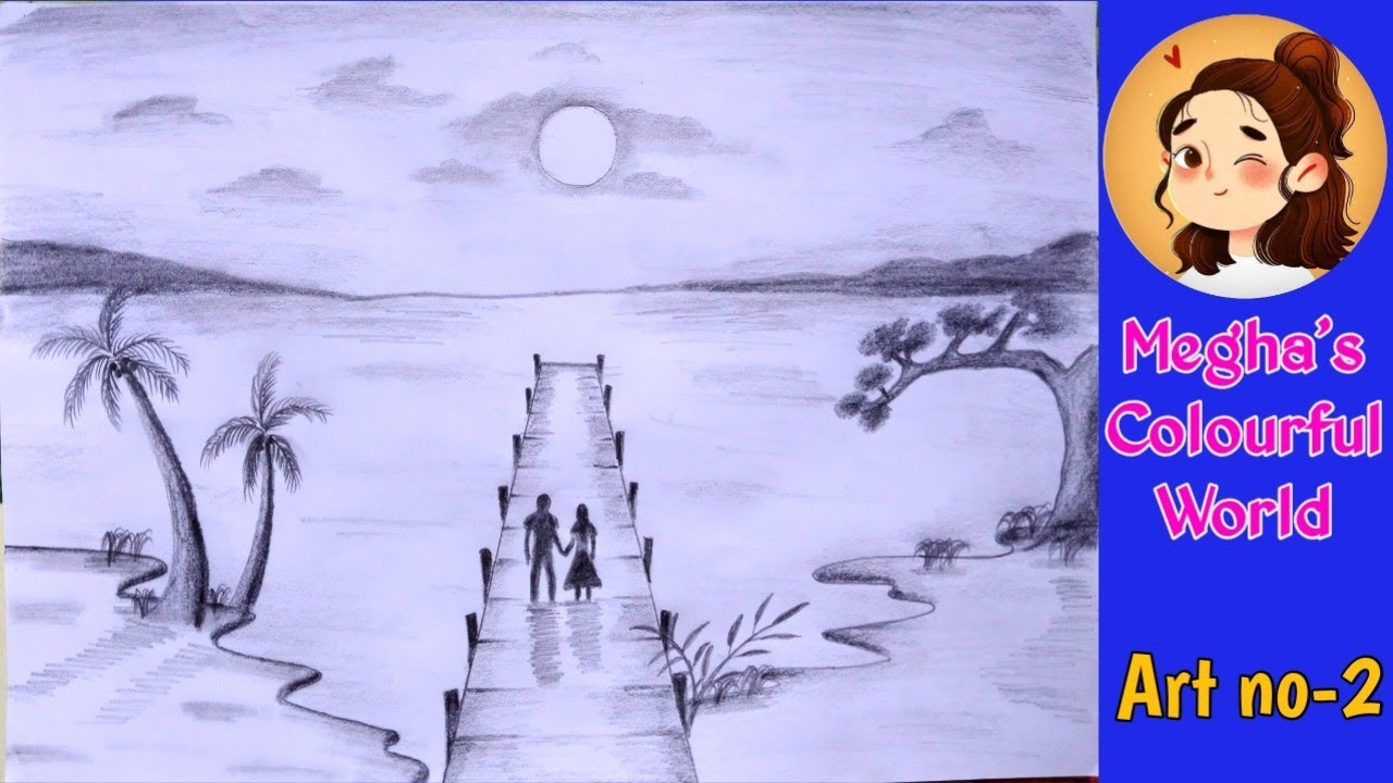 Pencil moonlight landscape drawing//A couple in moonlight//sketch ...