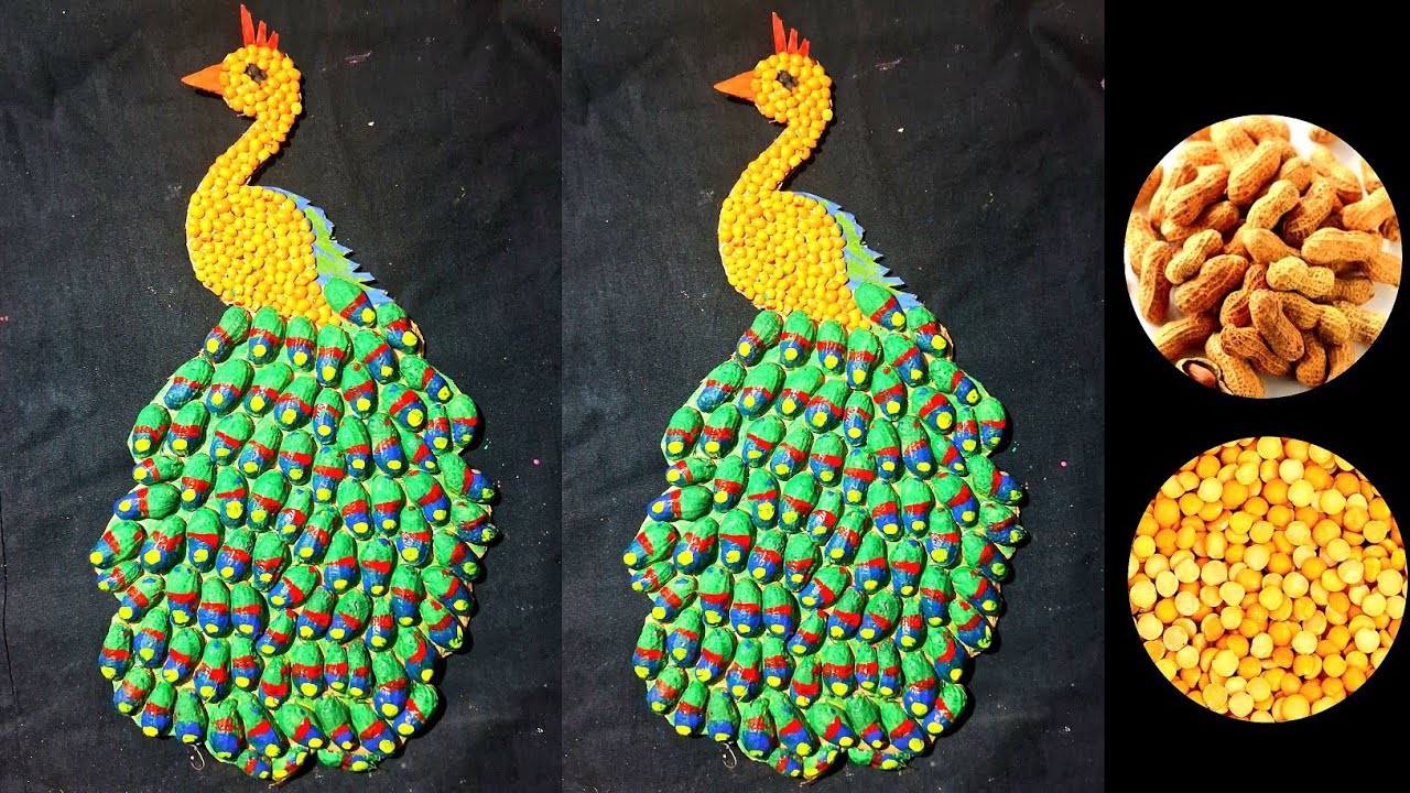 Amazing Peacock Craft Using Peanut shell And Pulses | Peanut shell ...