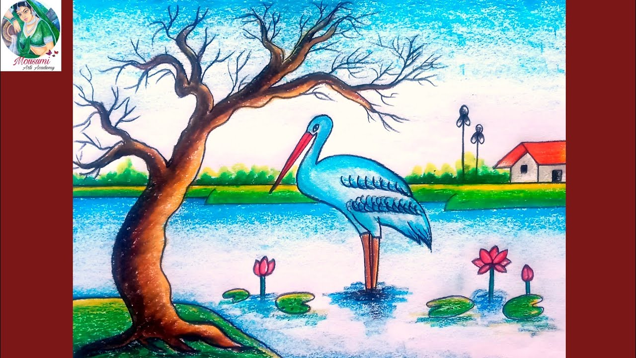 how to draw a crane bird step by step easy|| crane bird scenery drawing ...