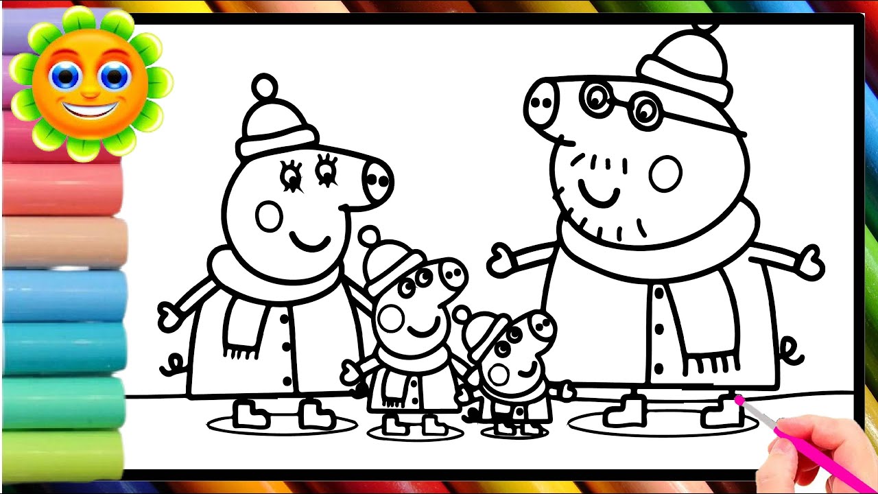Drawing and Coloring Peppa Pig Family building Snow Man || Drawing and ...