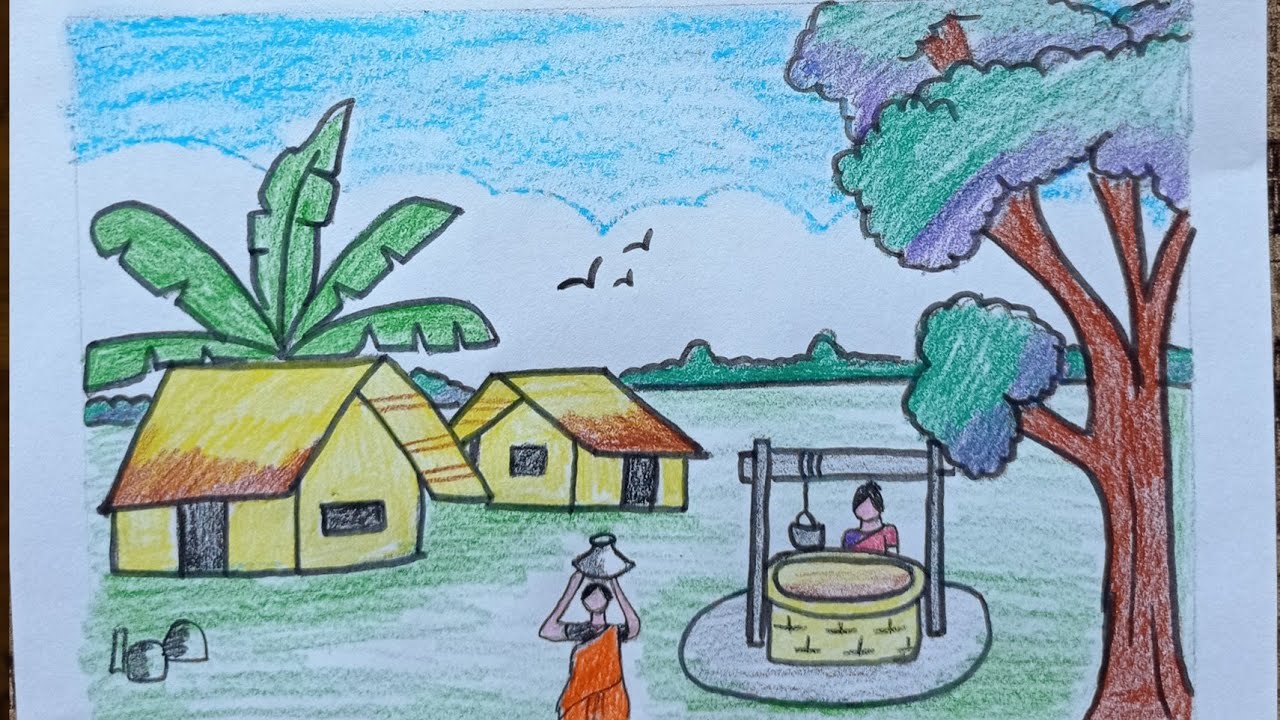 How To Draw Scenery Of Rural Life || Village Scenery Drawing Easy ...
