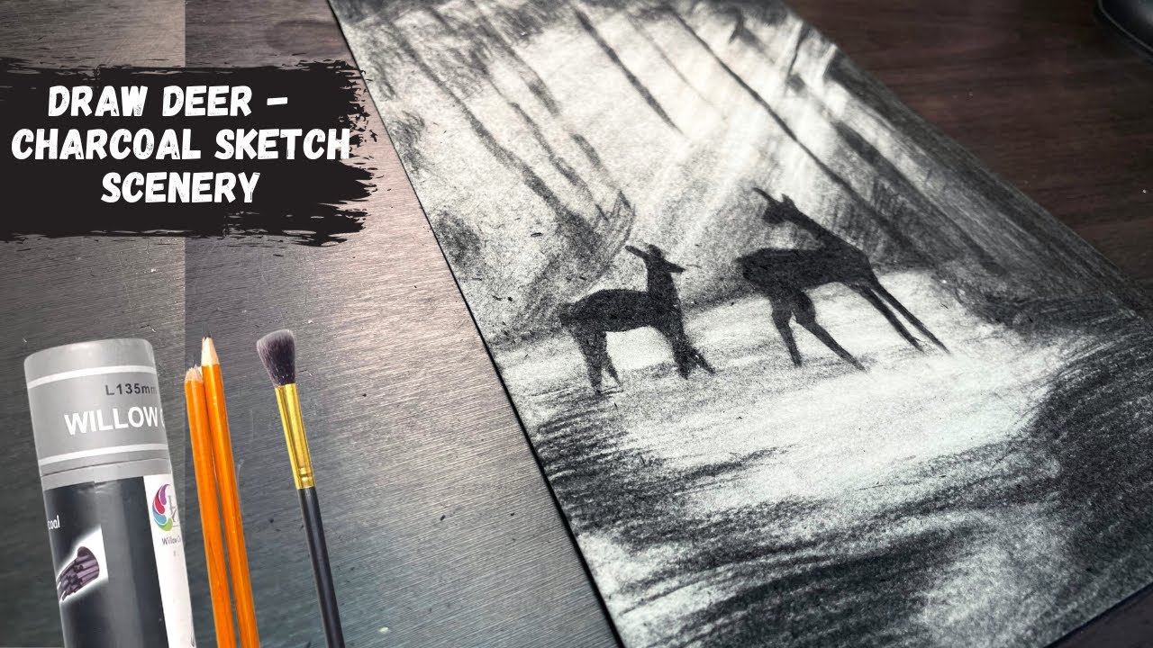 Dear in Forest - Charcoal Drawing | Scenery of Forest - Pencil Sketch ...