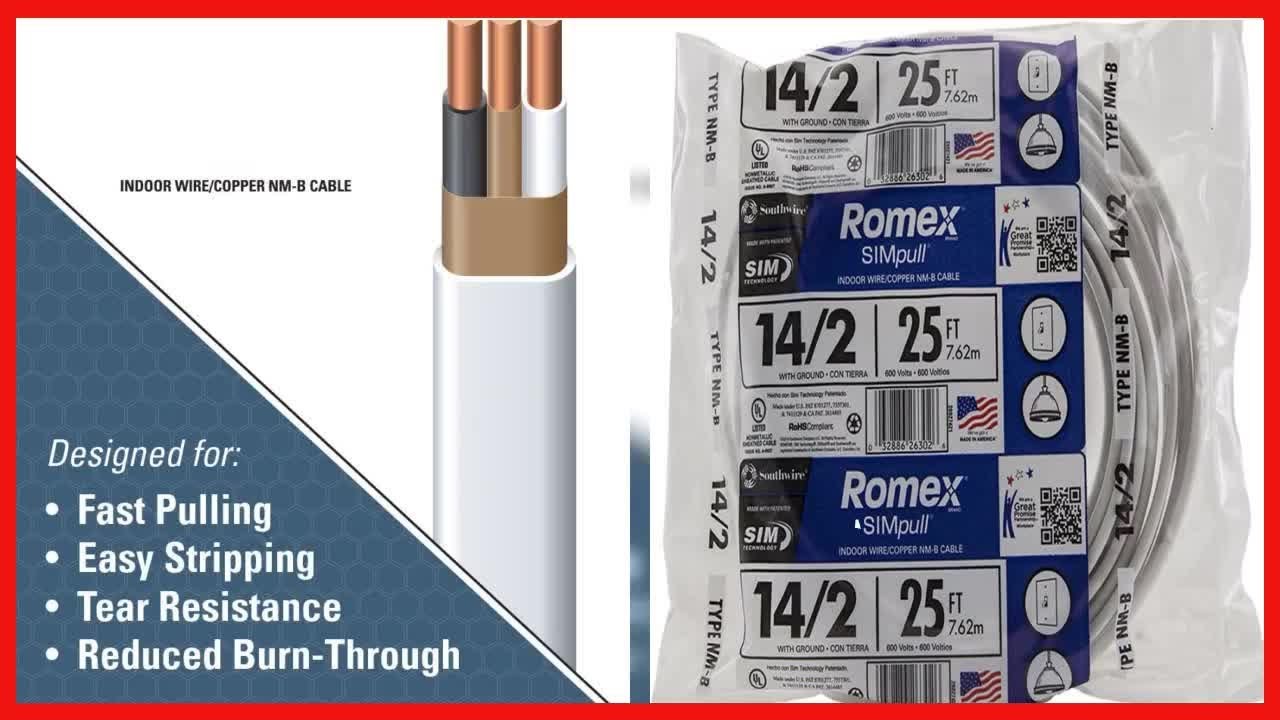 Southwire 28827421 25' 14/2 with ground Romex brand SIMpull residential ...